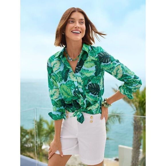 Talbots | Tops | Nwt Talbots Classic Button Up Shirtblouse Palm Fronds Leaf Tropical Floral X ...